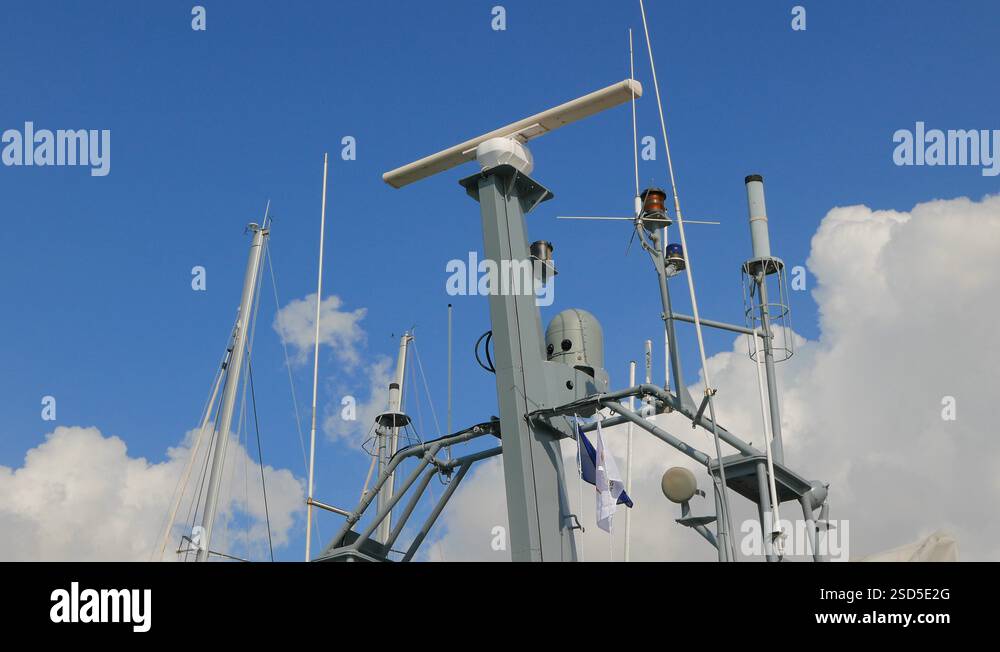 Mast of marine police boat with communication and navigation equipment ...