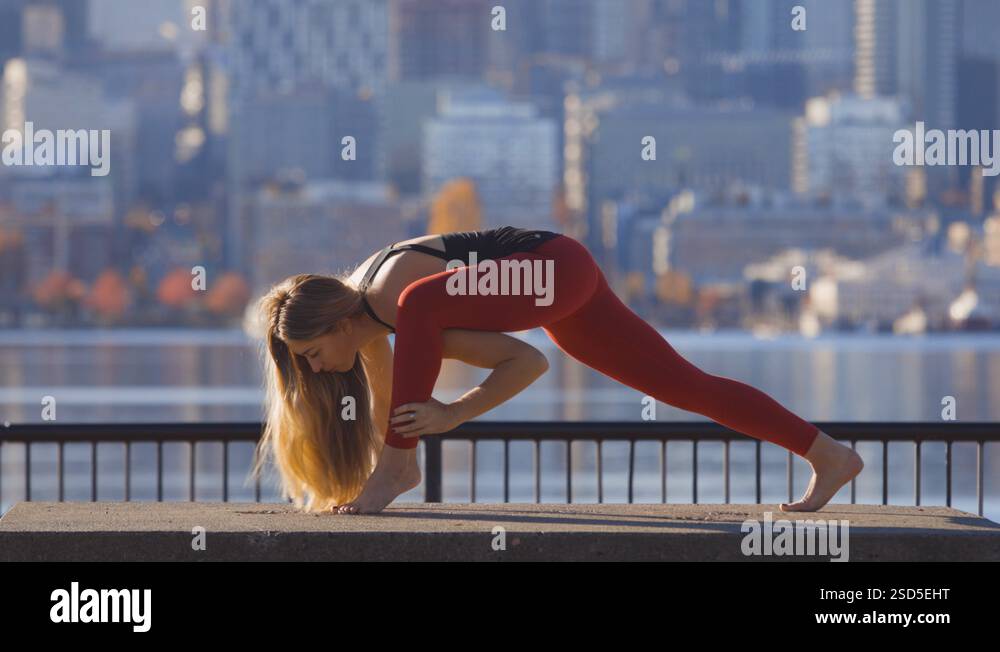 Split Leg Arm Balance Pose Woman Doing Yoga City Metropolis Background ...