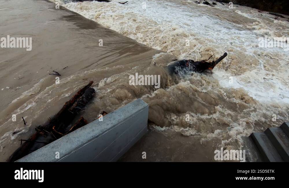 Tilt up wide raging flooded river after season rain with logs stuck on ...