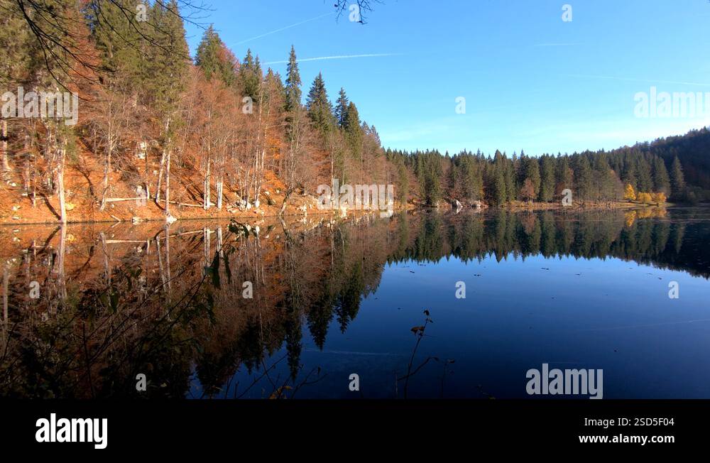 Left pan reflection in calm water of Laghi di Fusine lake in Italy ...