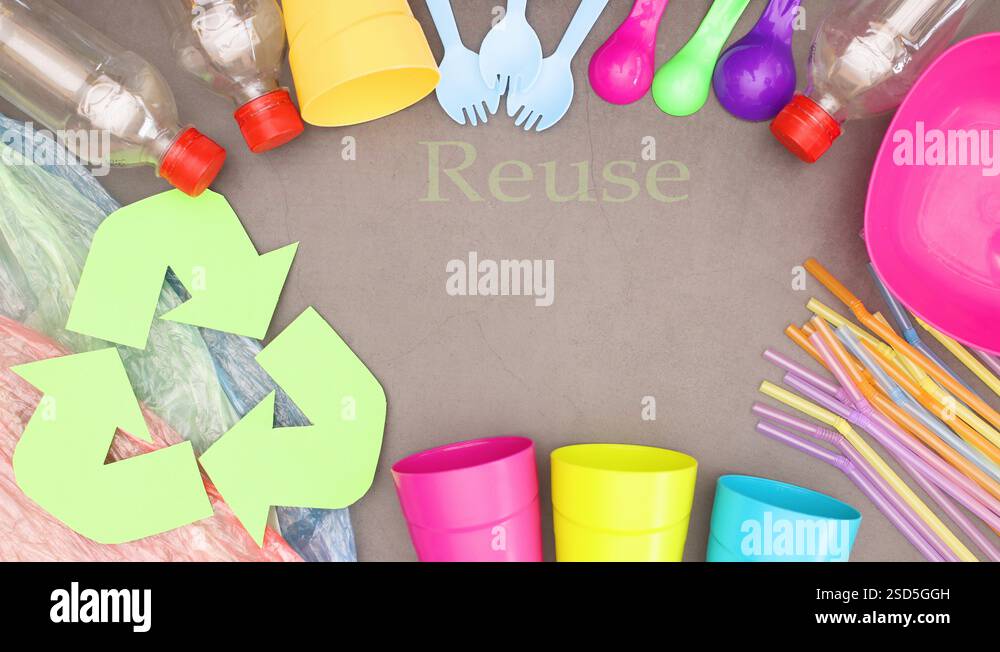 Reuse. Reduce. Recycle. title appear with plastic and recycle sign ...