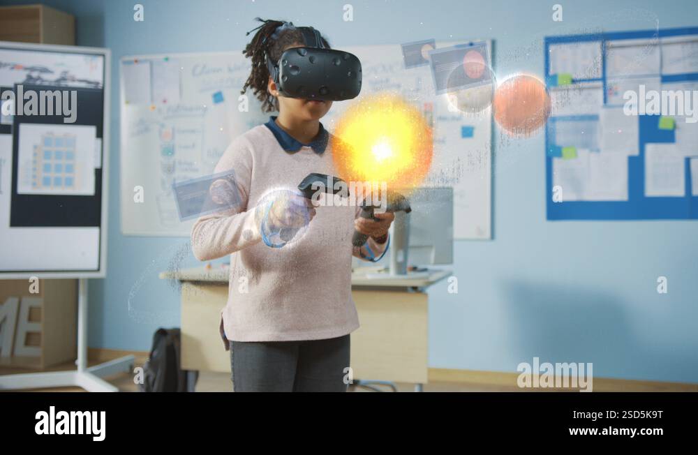 Girl Wearing Augmented Reality Headset and Using Controllers Interacts ...