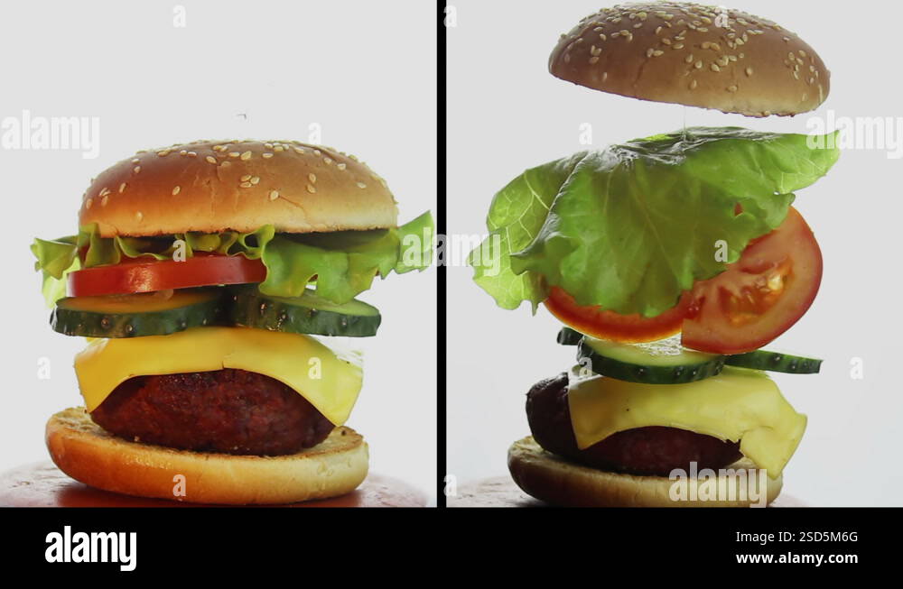 Large juicy burger with beef cutlet. Split screen collage Stock Video ...