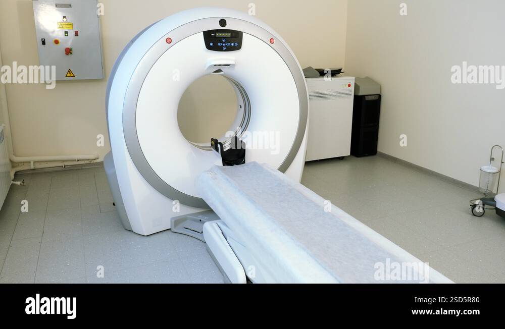 High-tech equipment in hospital. CT scan machine. Empty computed ...