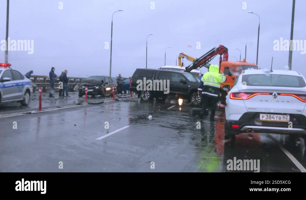 Car accident on road, wrecked auto, the traffic on the freeway closed ...