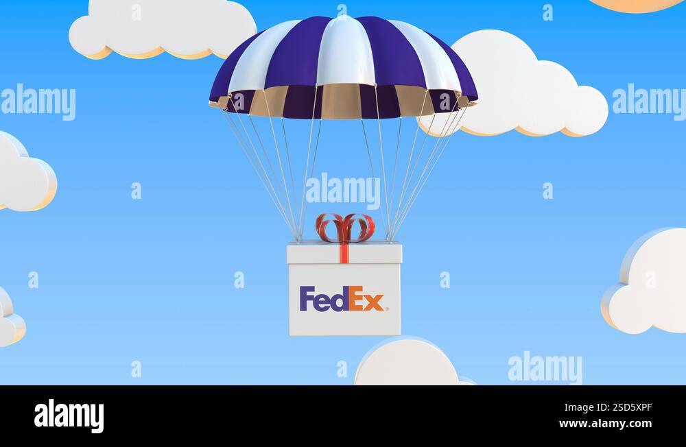 FEDEX logo on moving box moves under parachute. Editorial loopable 3D ...