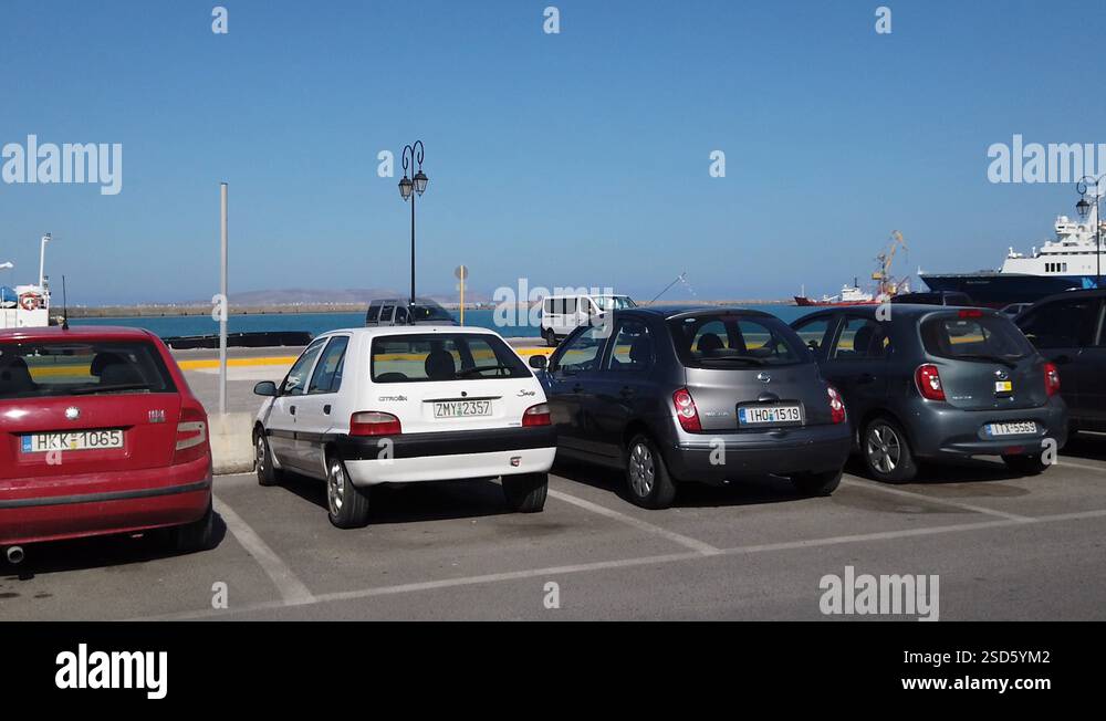 Large car parking in a European port. The camera moves among parked ...