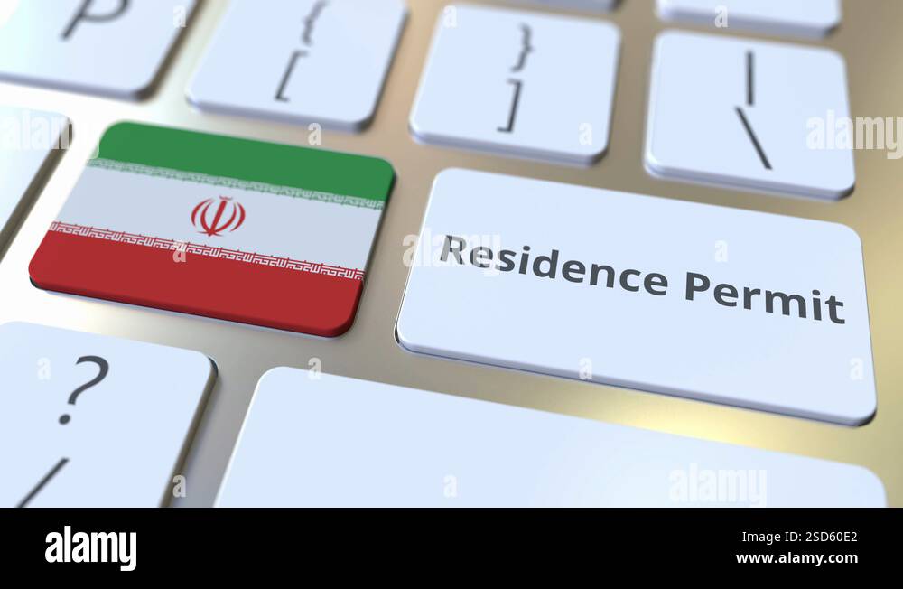 Residence Permit text and flag of Iran on the buttons on the computer ...