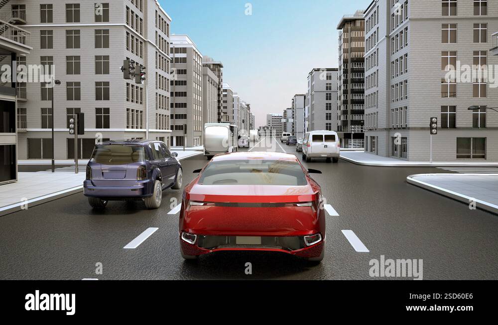 A car driving in the city road and stopping at a crossroad. 4k ...