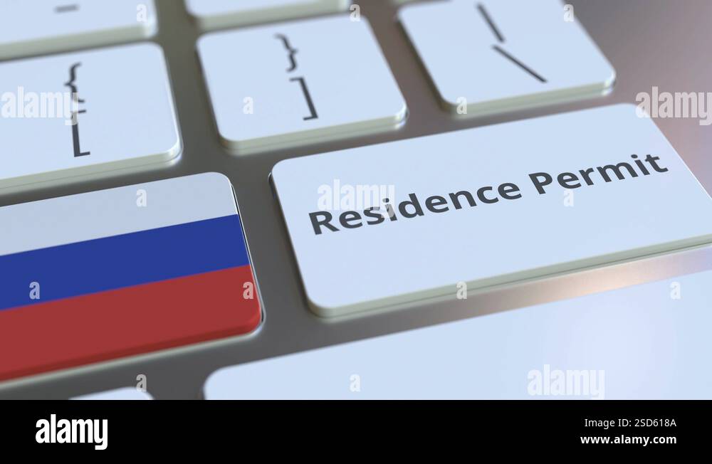 Residence Permit text and flag of Russia on the buttons on the computer ...