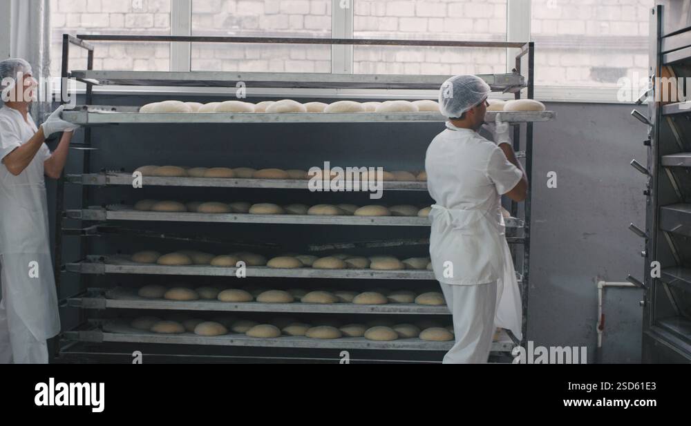 Two professional bakery workers in white uniform load from the shelf ...