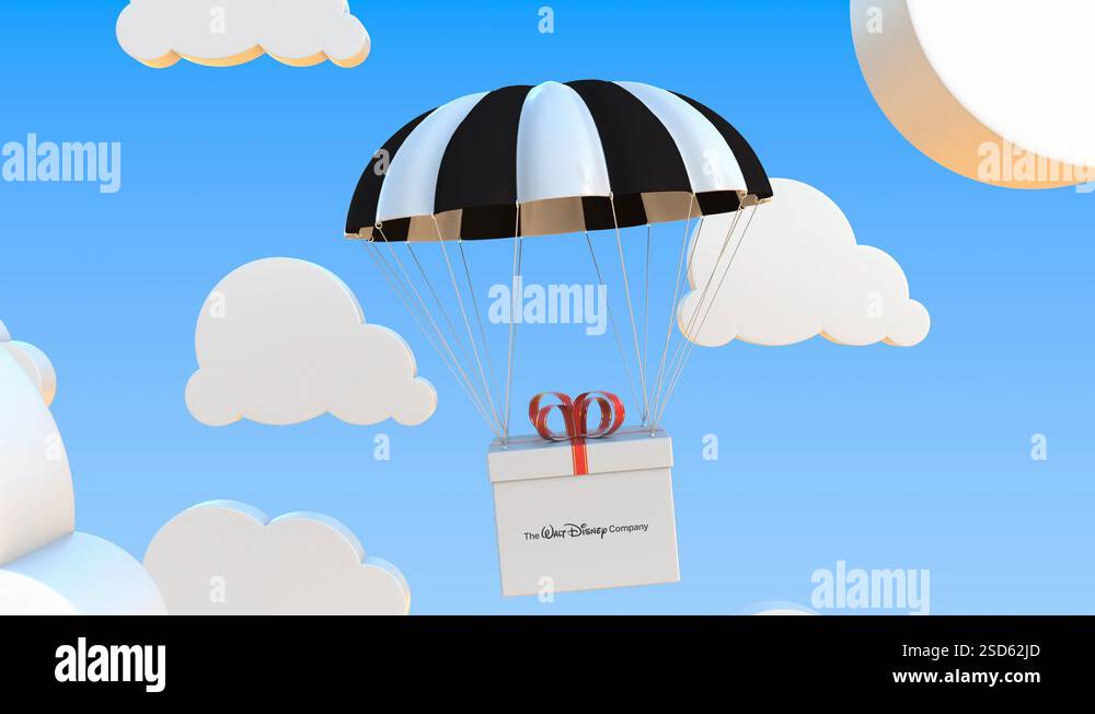 THE WALT DISNEY COMPANY logo on moving box moves under parachute ...