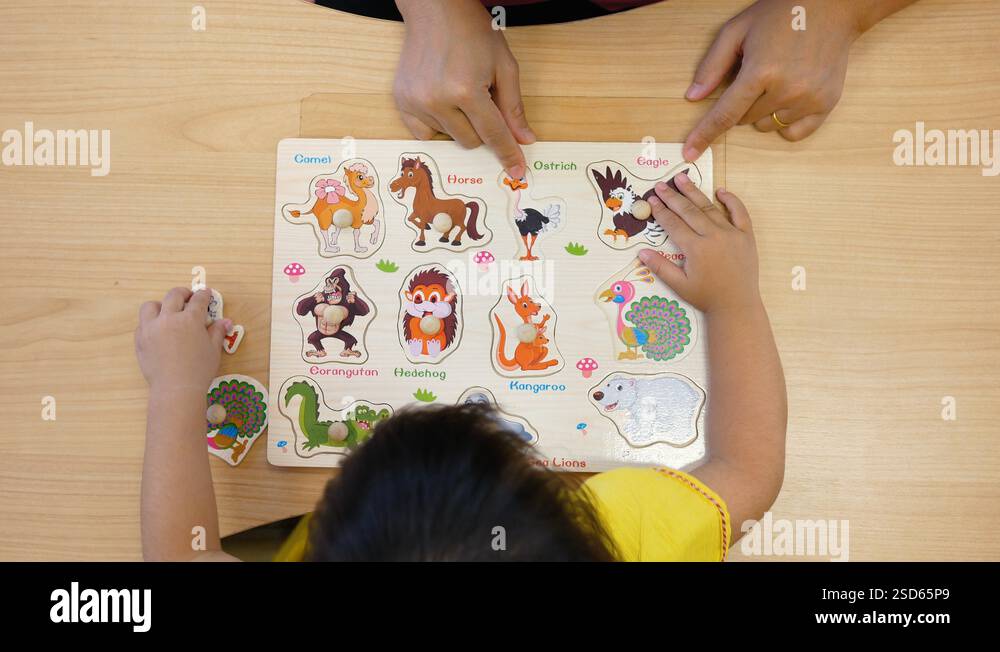 Cute girl having fun play with montessori wood material for the animal ...