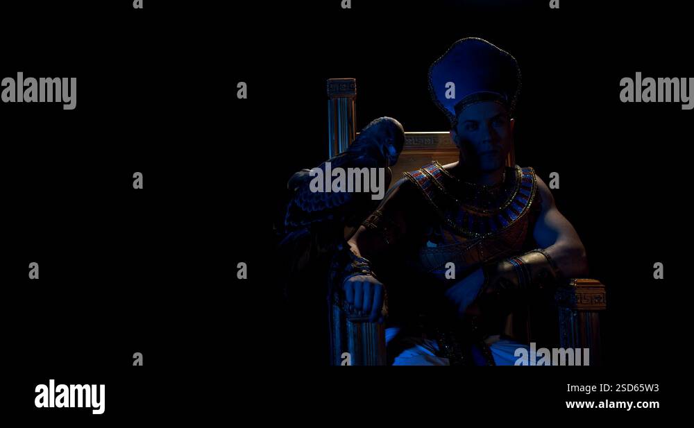 Egyptian pharaoh is sitting on a golden throne, hawk is flapping its ...
