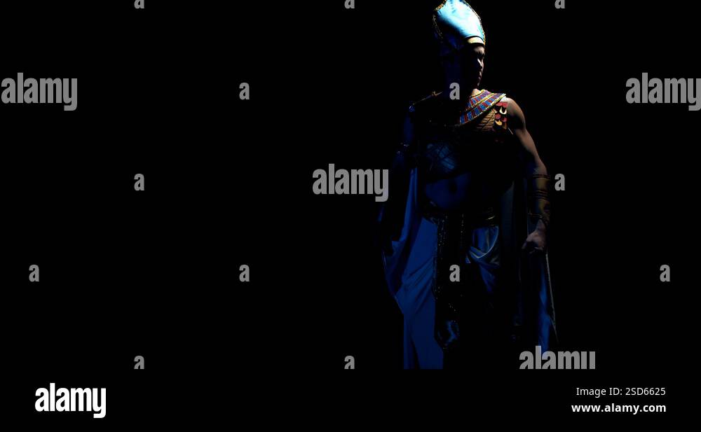 Big muscular egyptian pharaoh wearing traditional clothes in low ...