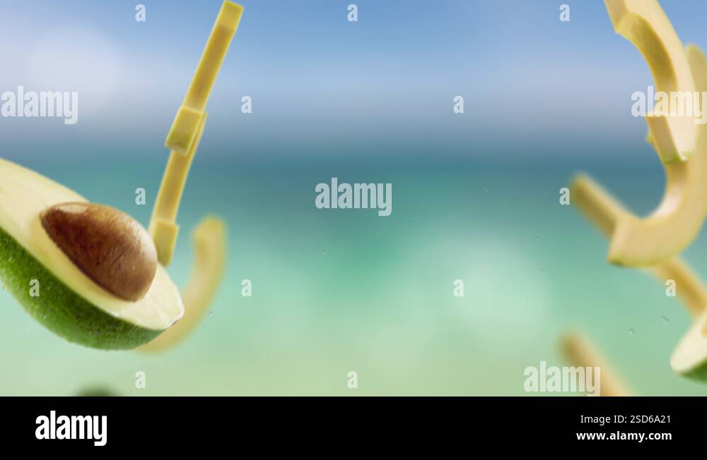 Flying of Avocado and Slices in Beach Background Stock Video Footage ...