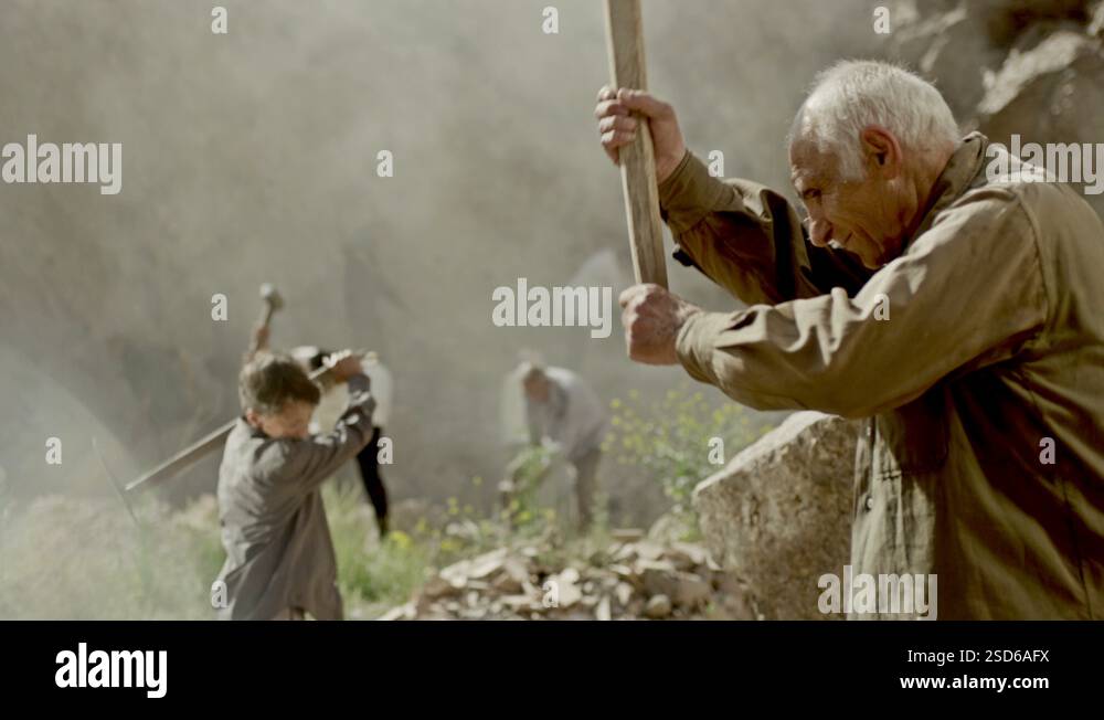 Group of miners or gold diggers working . Many workers mining with axe ...