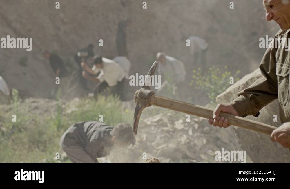 A Group Of Miners Or Gold Diggers Working . Many Workers Mining In A ...