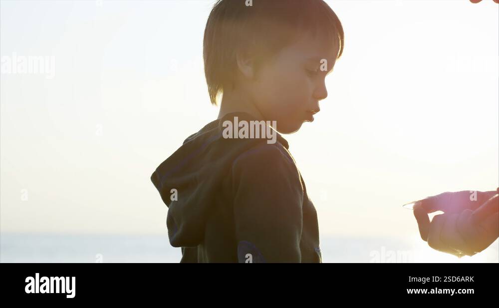 Toddler boy and father play on beach at sun set - search for beach ...