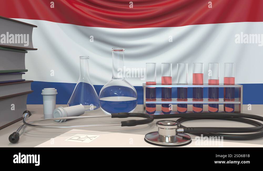 Clinic laboratory equipment on flag background. Healthcare and medical ...