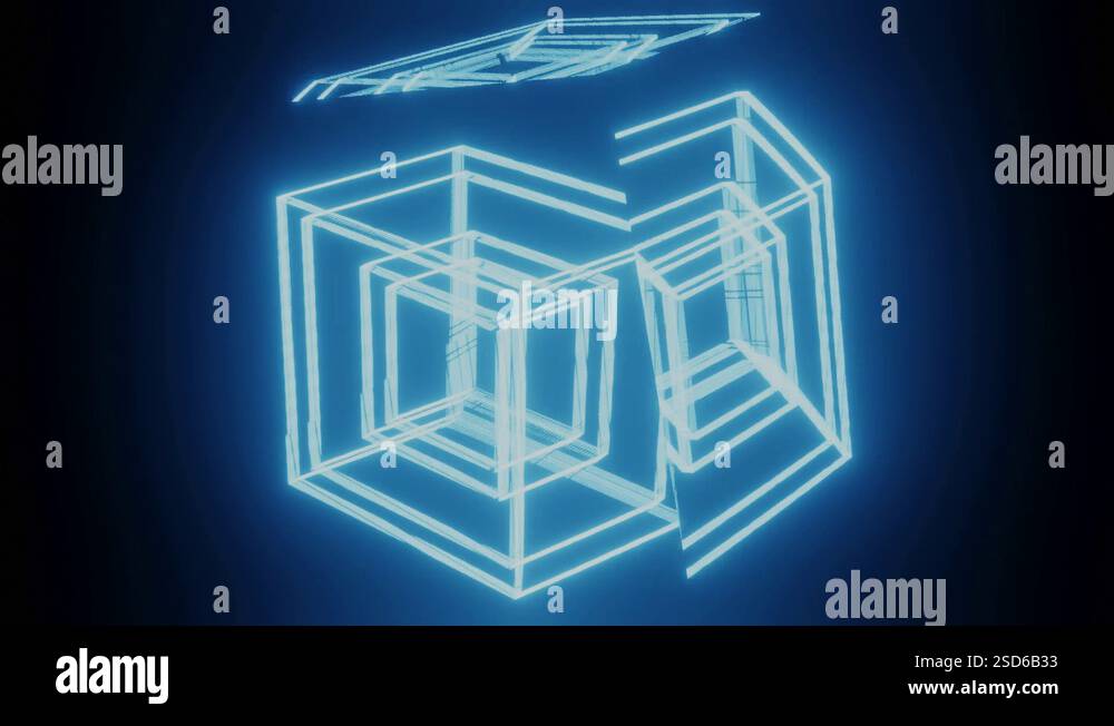 Manipulation of the light contours of nested cubes, movement of blue ...