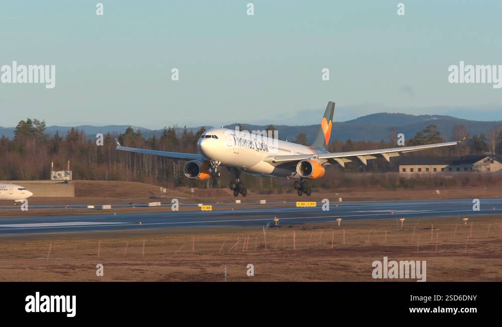 airplane airbus 330 sunclass airlines landing panning left sunny day ...
