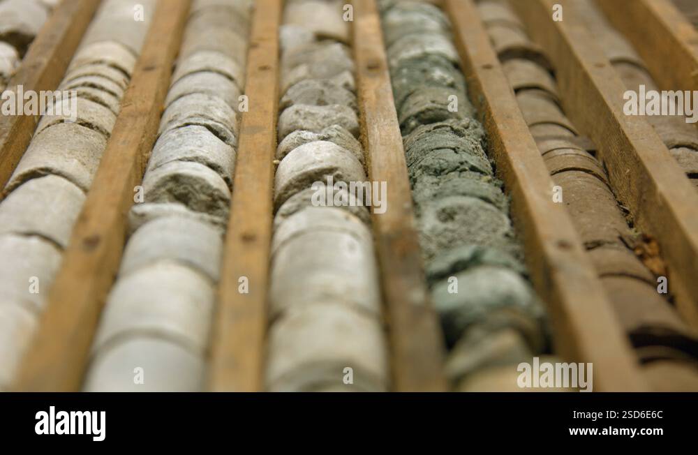 Drill core samples from geological borehole in wooden box Stock Video ...