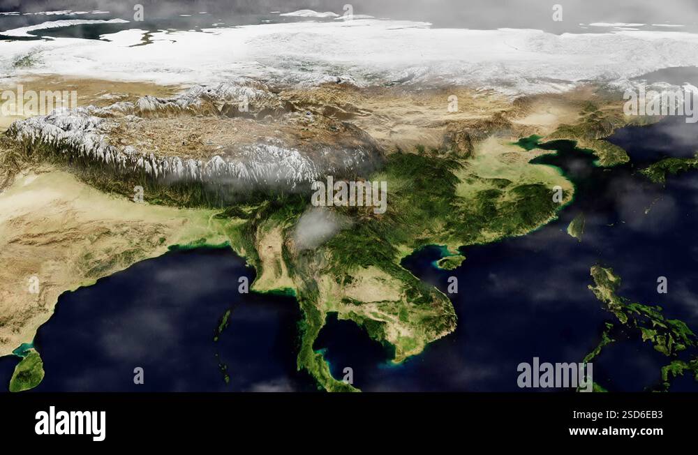 Asian Map Hyperlapse in 3D CGI with High Relief Mountains & Foggy ...