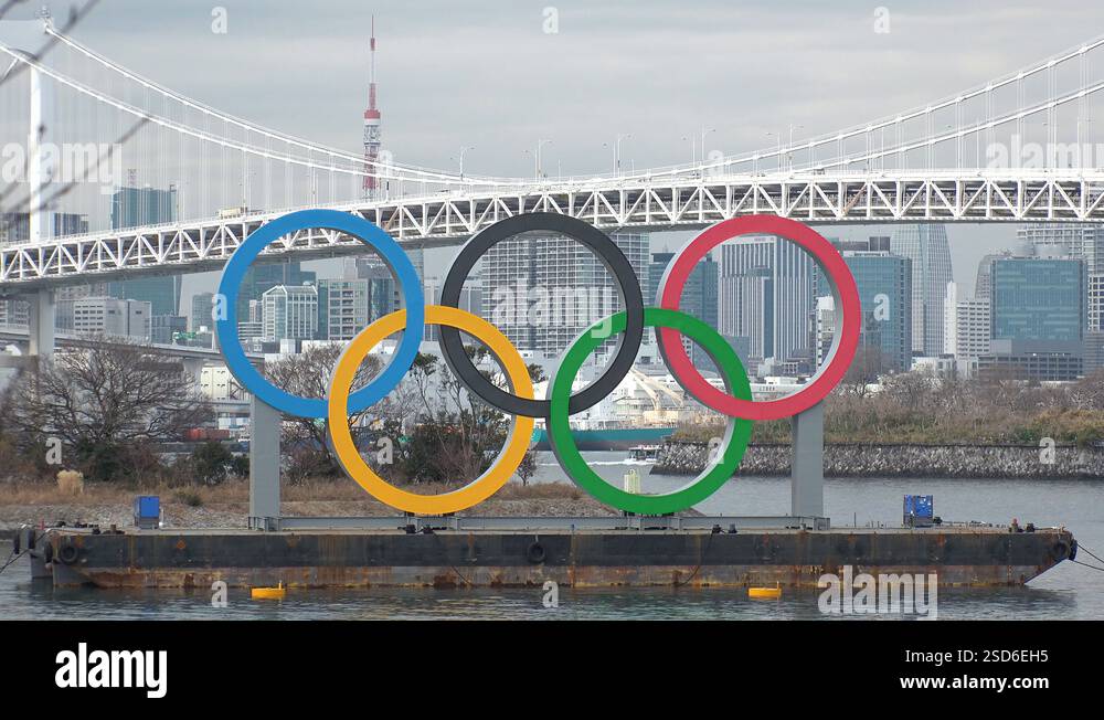 TOKYO, JAPAN : The five ring symbol of the Olympic Games. Time lapse ...