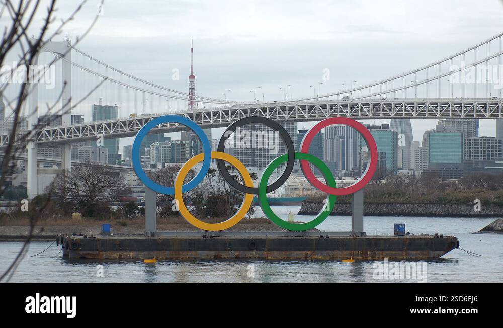 TOKYO, JAPAN : The five ring symbol of the Olympic Games. Time lapse ...