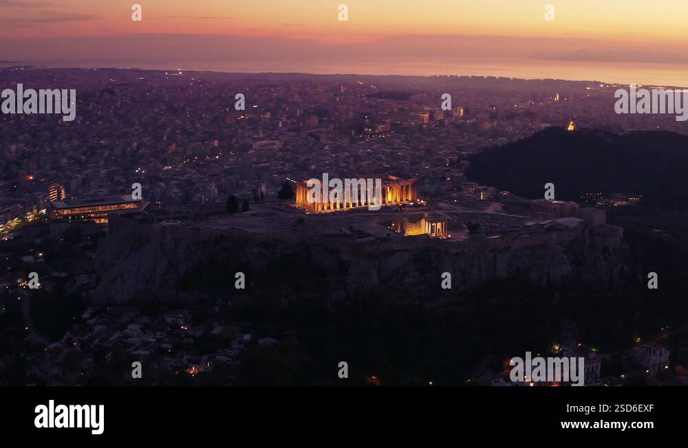 Acropolis Parthenon, Athens, Greece, Sunset, Illuminated, Drone, Aerial, 4K Stock Video Footage ...