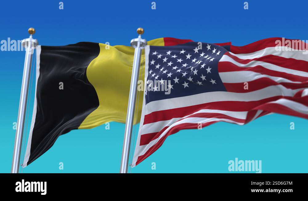 4k United States of America USA and Belgium National flag in sky ...