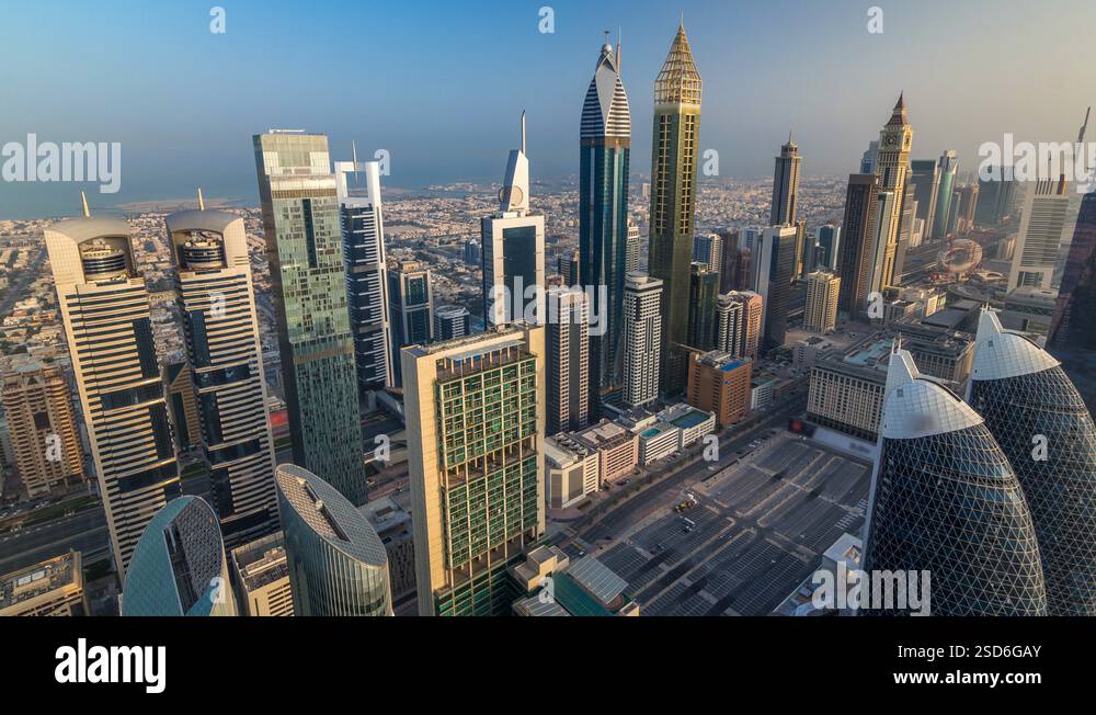Skyline view of the buildings of Sheikh Zayed Road and DIFC aerial ...