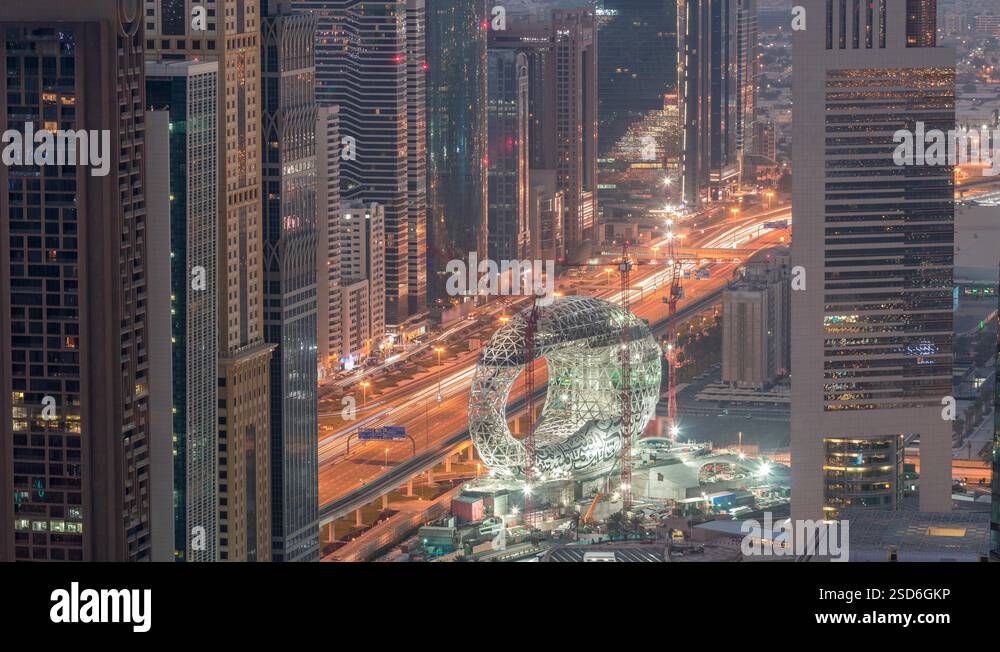 Construction site of the Museum of the Future aerial night to day ...