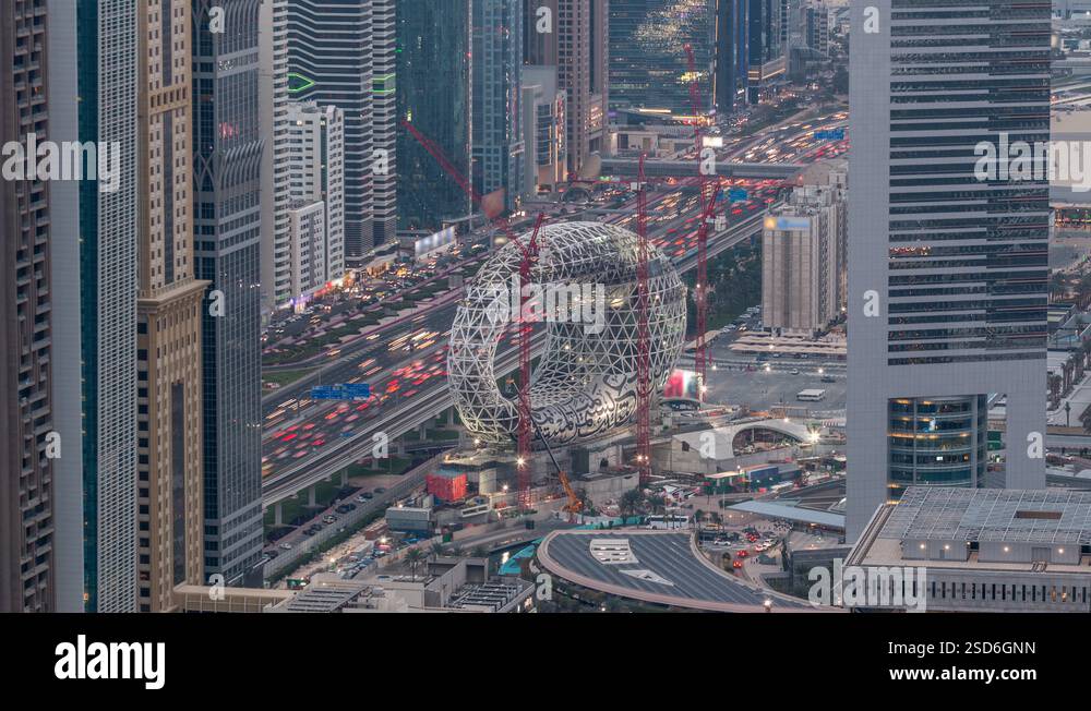 Construction site of the Museum of the Future aerial day to night ...