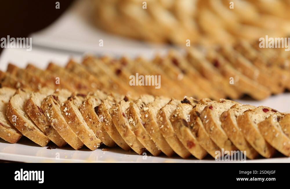Sliced artisanal bread breads and crackers on buffet 1 Stock Video ...