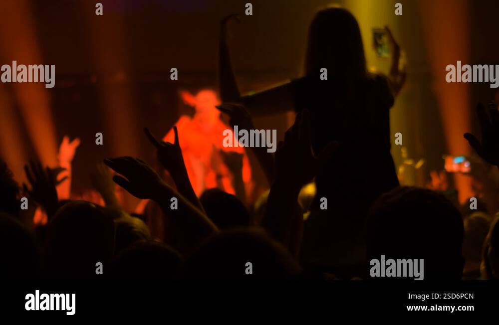 Super slow motion: people crowd silhouette partying at concert in front ...