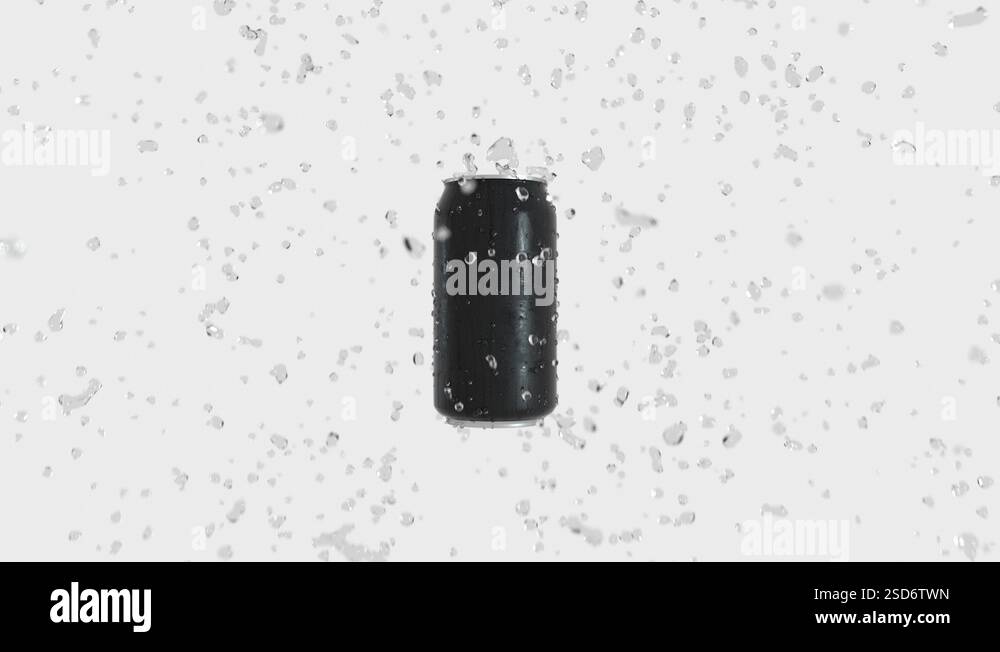 Black 3D soda realistic can with water drops on surface and rain ...