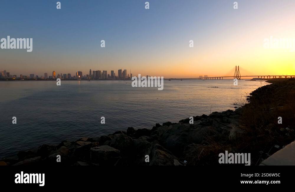 Wide Timelapse of Mumbai Skyline, Bandra Worli Sea Link during sunset ...