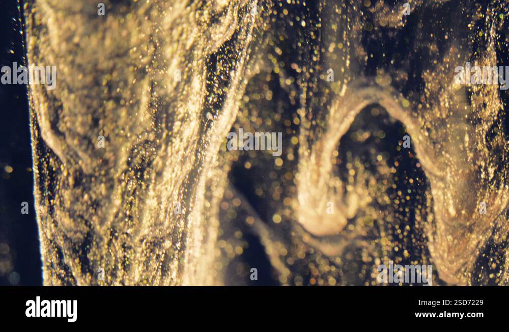 Golden ink particles flows in water as colorful chaos on the black ...