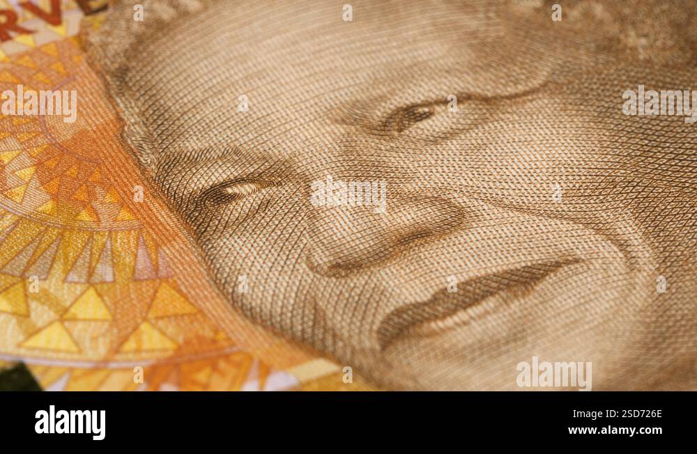 Nelson Mandela portrait on South Africa 20 rand note rotating. Low ...