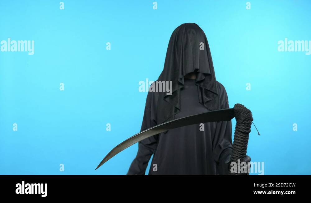 A man in a death suit with a scythe, shows a clock. blue background ...