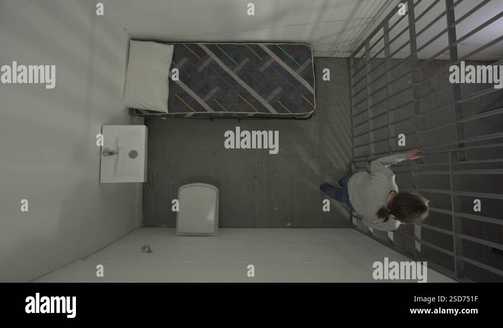 Female Prisoner in Prison Cell. The woman shakes the Jail door - Aerial ...