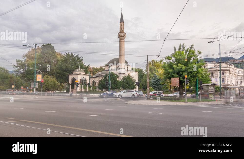 Ali Pasha Mosque timelapse hyperlapse with traffic on intersection in Sarajevo Stock Video ...