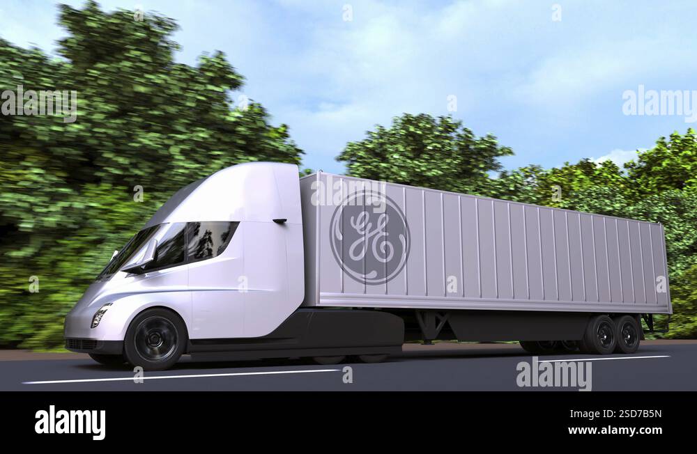 Electric semi-trailer truck with GENERAl ELECTRIC GE logo on the side ...