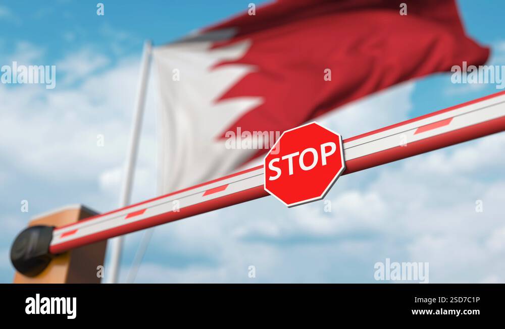 Open boom gate on the Bahraini flag background. Free entry or lifting a ...