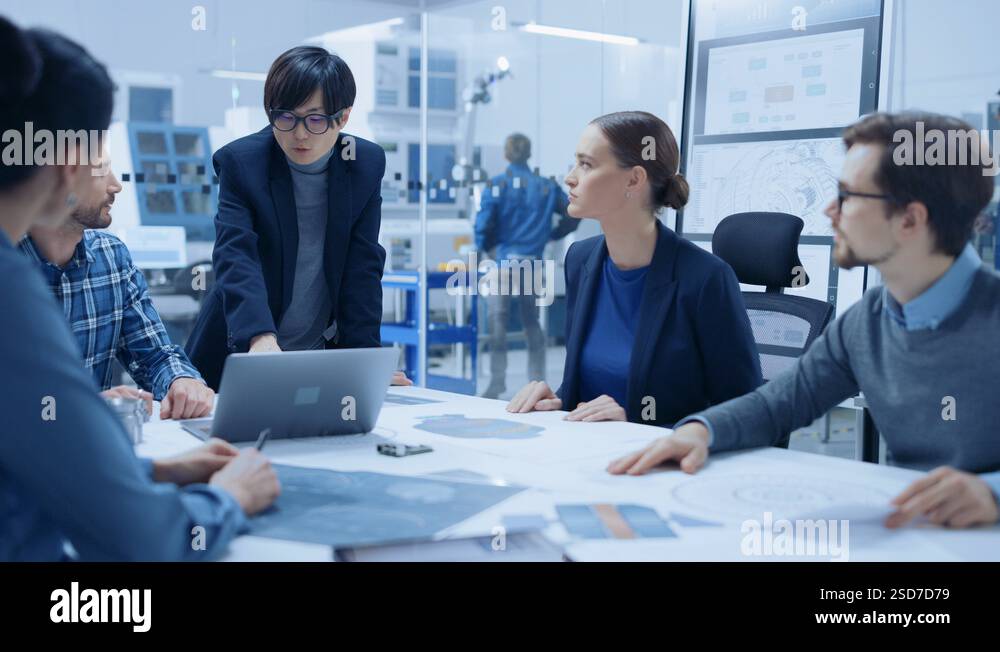 Modern Factory Office Meeting Room: Multi Ethnic and Diverse Team of ...