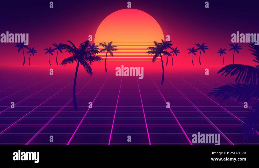 Sun on the beach. 80s style, Retro Futurism Background Retro wave Stock ...