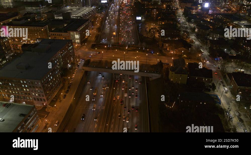 Atlanta Aerial v521 Low to high panoramic with freeway traffic and ...
