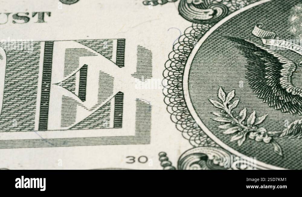 Great seal on US one dollar bill tracking, bald eagle. Low angle, macro ...